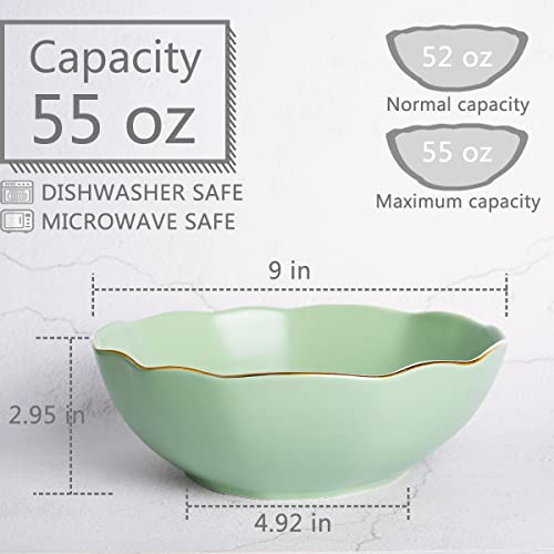 Bosmarlin Large Ceramic Salad Pasta Bowls Set of 3, 55 Oz with Golden Scalloped Rim, Big Serving Bowls for Soup, Fruit, Mashed Potatoes, Dishwasher and Microwave Safe (Green, 9 in)