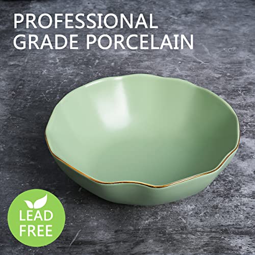 Bosmarlin Large Ceramic Salad Pasta Bowls Set of 3, 55 Oz with Golden Scalloped Rim, Big Serving Bowls for Soup, Fruit, Mashed Potatoes, Dishwasher and Microwave Safe (Green, 9 in)