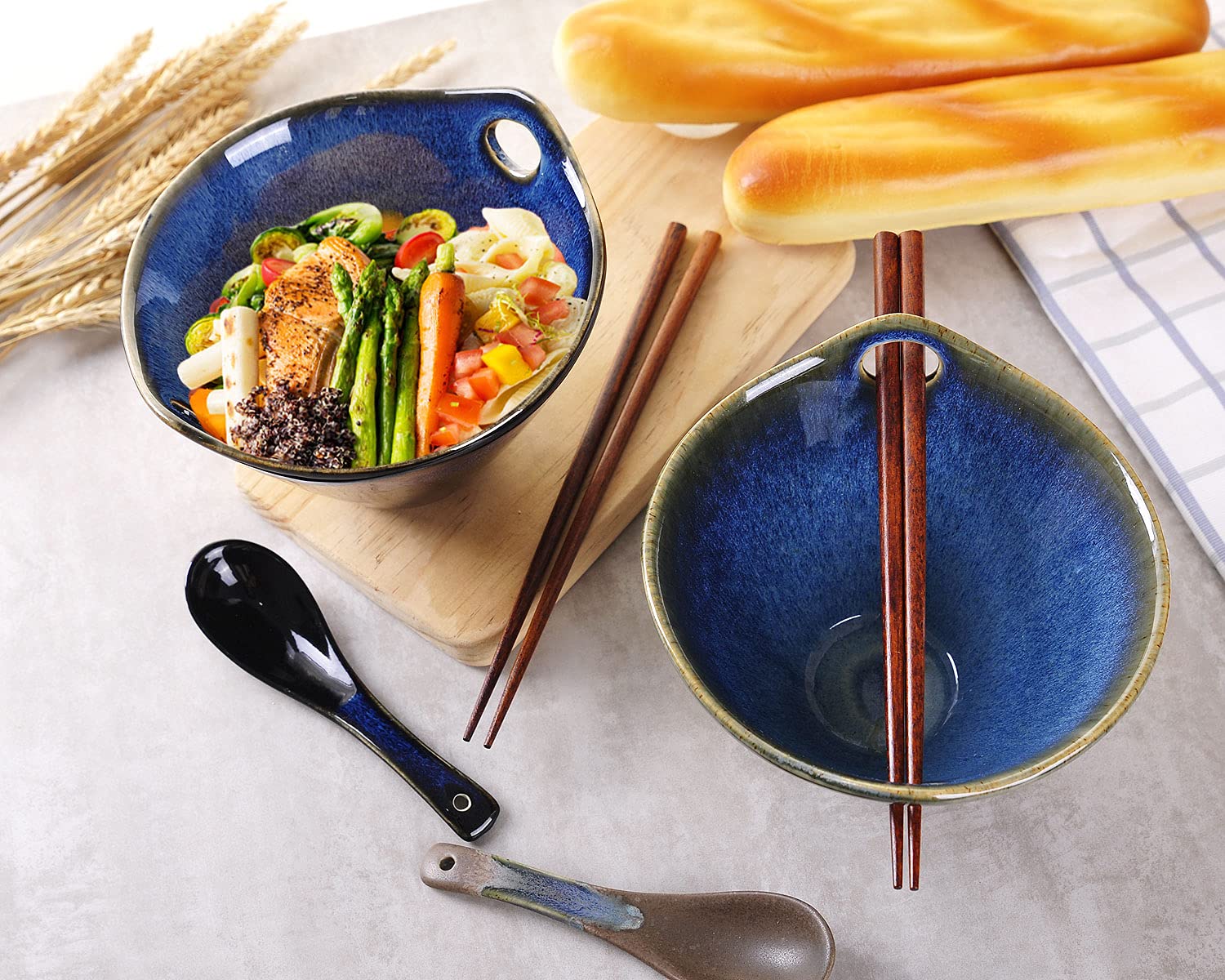 WHJY 20oz Ceramic Japanese Ramen Bowl set,with Chopsticks & Spoon, Porcelain Bowl for Soup, Noodle, Udon and Soba, Noodle Bowl