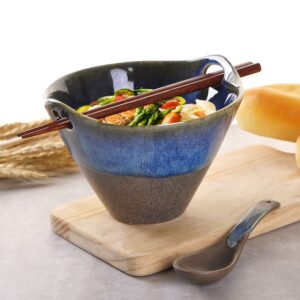 WHJY 20oz Ceramic Japanese Ramen Bowl set,with Chopsticks & Spoon, Porcelain Bowl for Soup, Noodle, Udon and Soba, Noodle Bowl