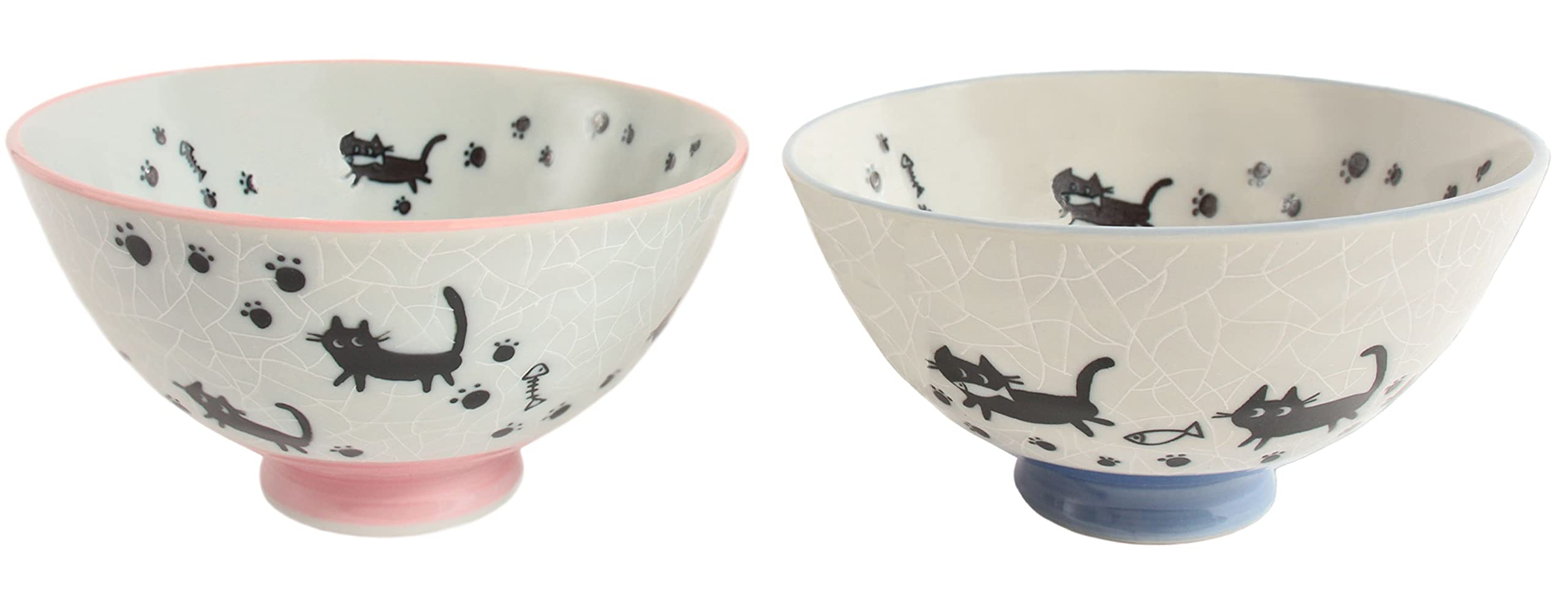 Mino ware Japanese Pottery Pair Rice Bowl Black Cats & Foot Prints Blue & Pink made in Japan (Japan Import) MIG005