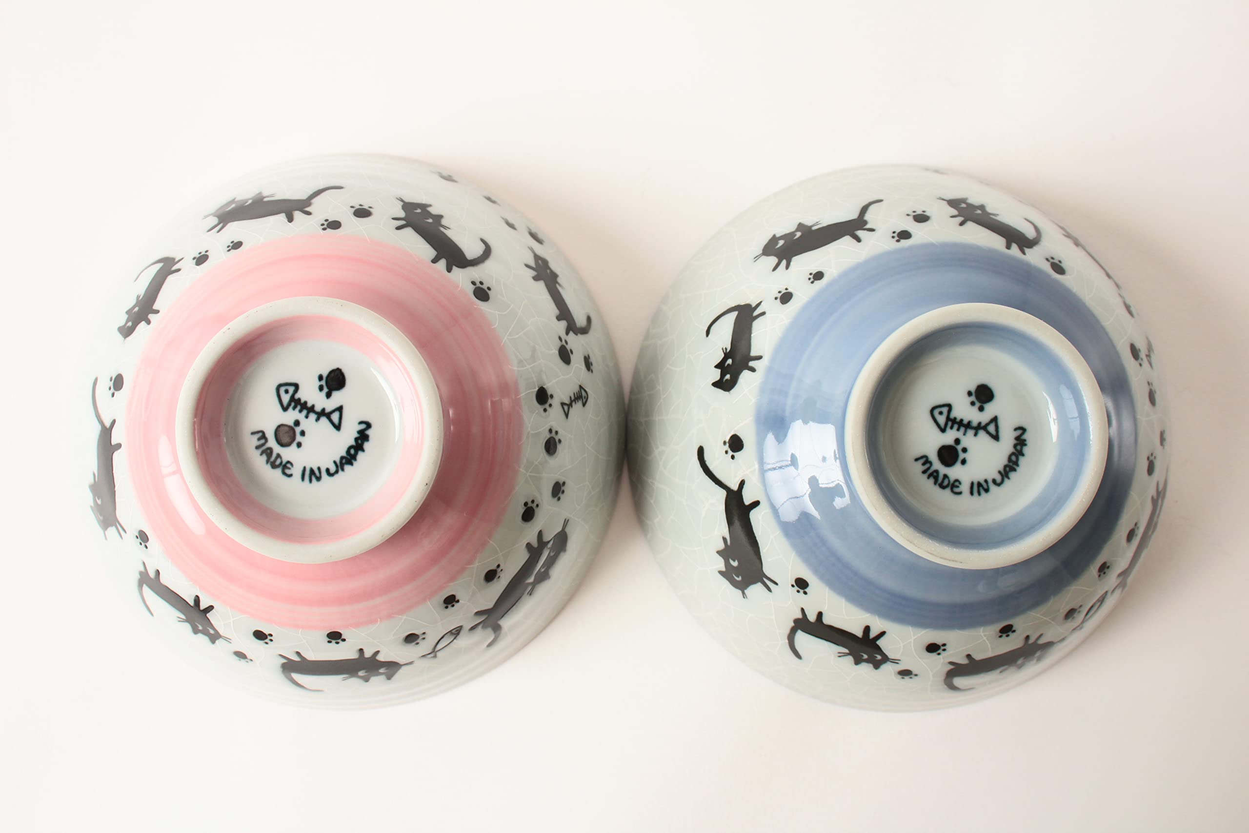 Mino ware Japanese Pottery Pair Rice Bowl Black Cats & Foot Prints Blue & Pink made in Japan (Japan Import) MIG005