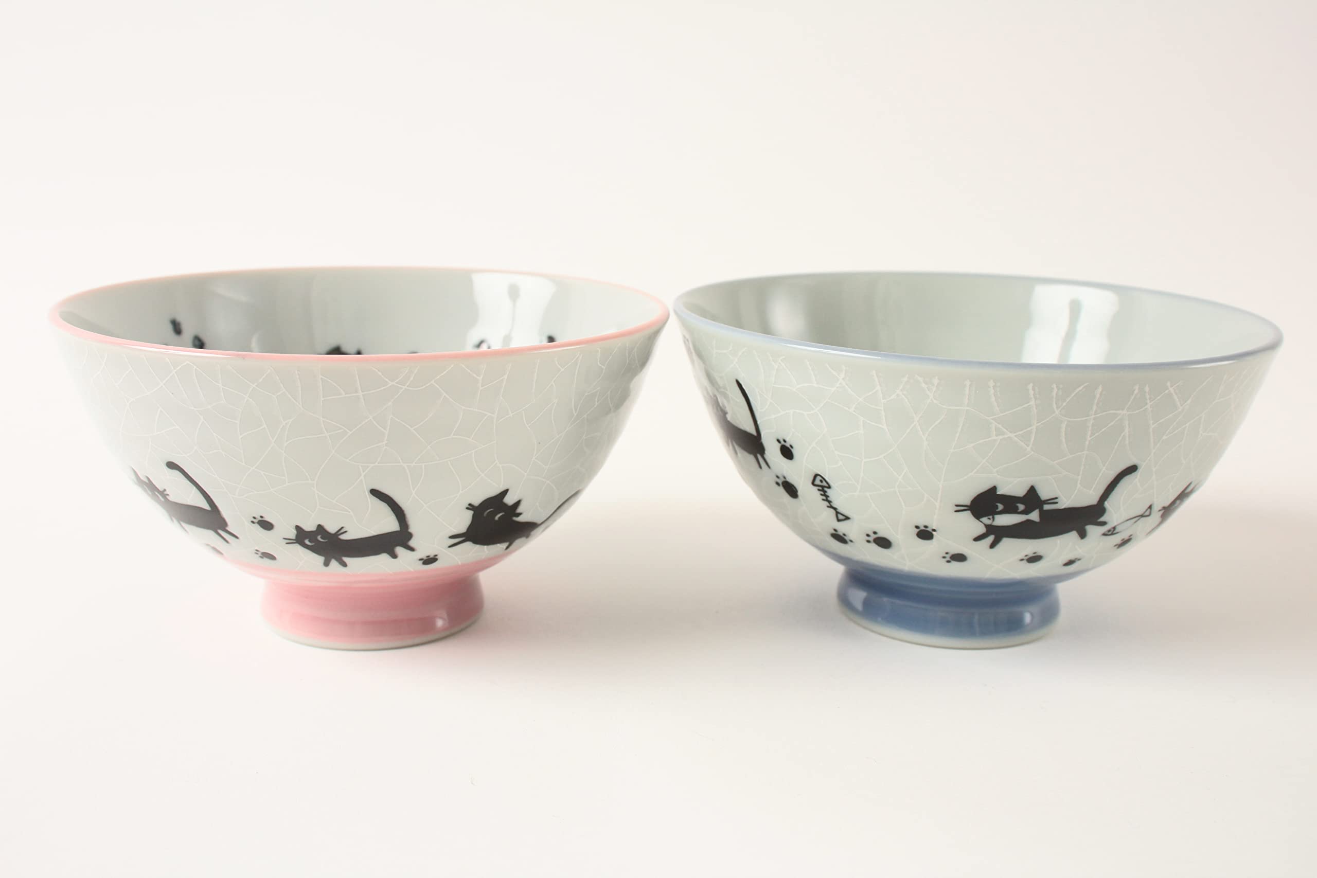 Mino ware Japanese Pottery Pair Rice Bowl Black Cats & Foot Prints Blue & Pink made in Japan (Japan Import) MIG005