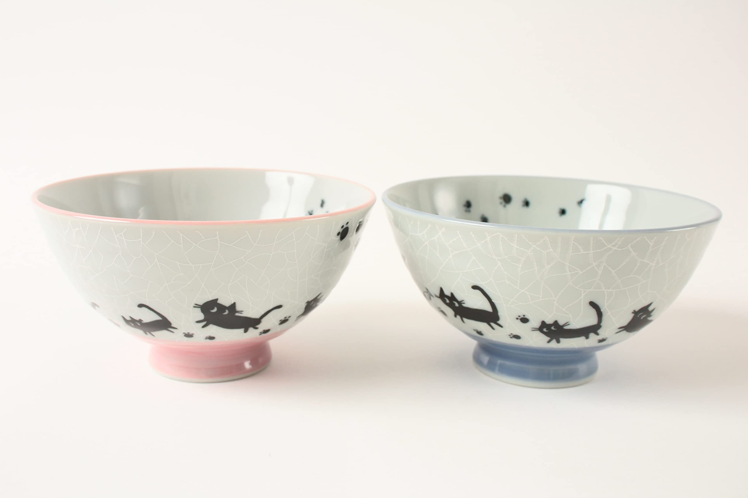 Mino ware Japanese Pottery Pair Rice Bowl Black Cats & Foot Prints Blue & Pink made in Japan (Japan Import) MIG005