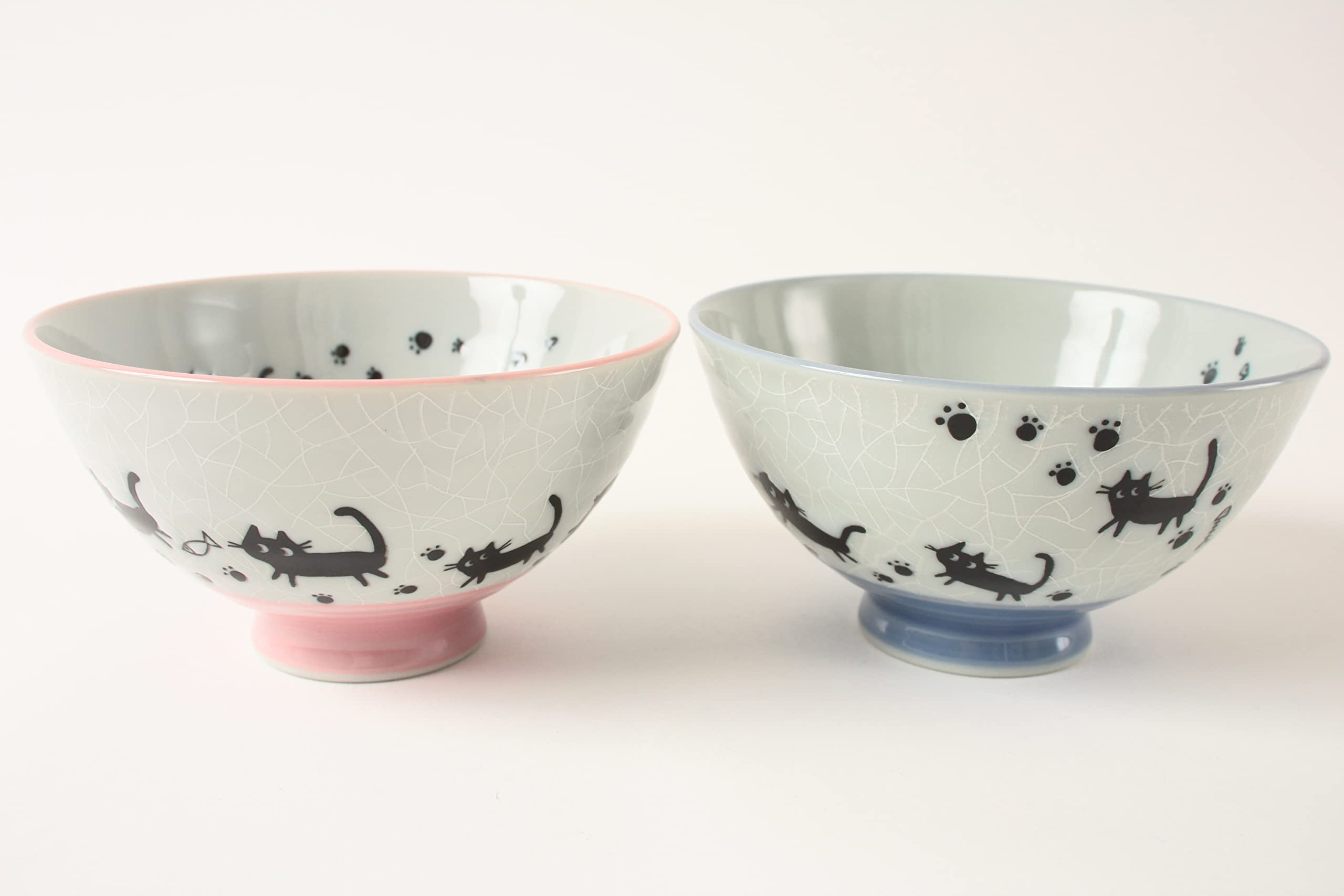 Mino ware Japanese Pottery Pair Rice Bowl Black Cats & Foot Prints Blue & Pink made in Japan (Japan Import) MIG005