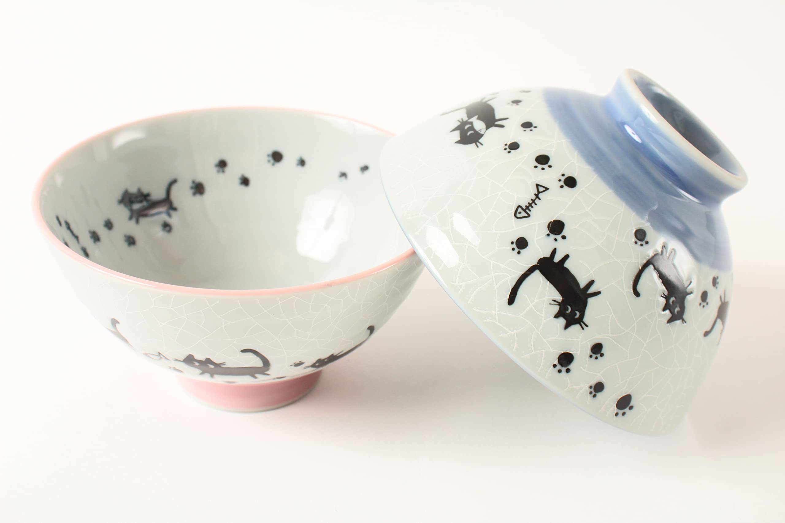 Mino ware Japanese Pottery Pair Rice Bowl Black Cats & Foot Prints Blue & Pink made in Japan (Japan Import) MIG005