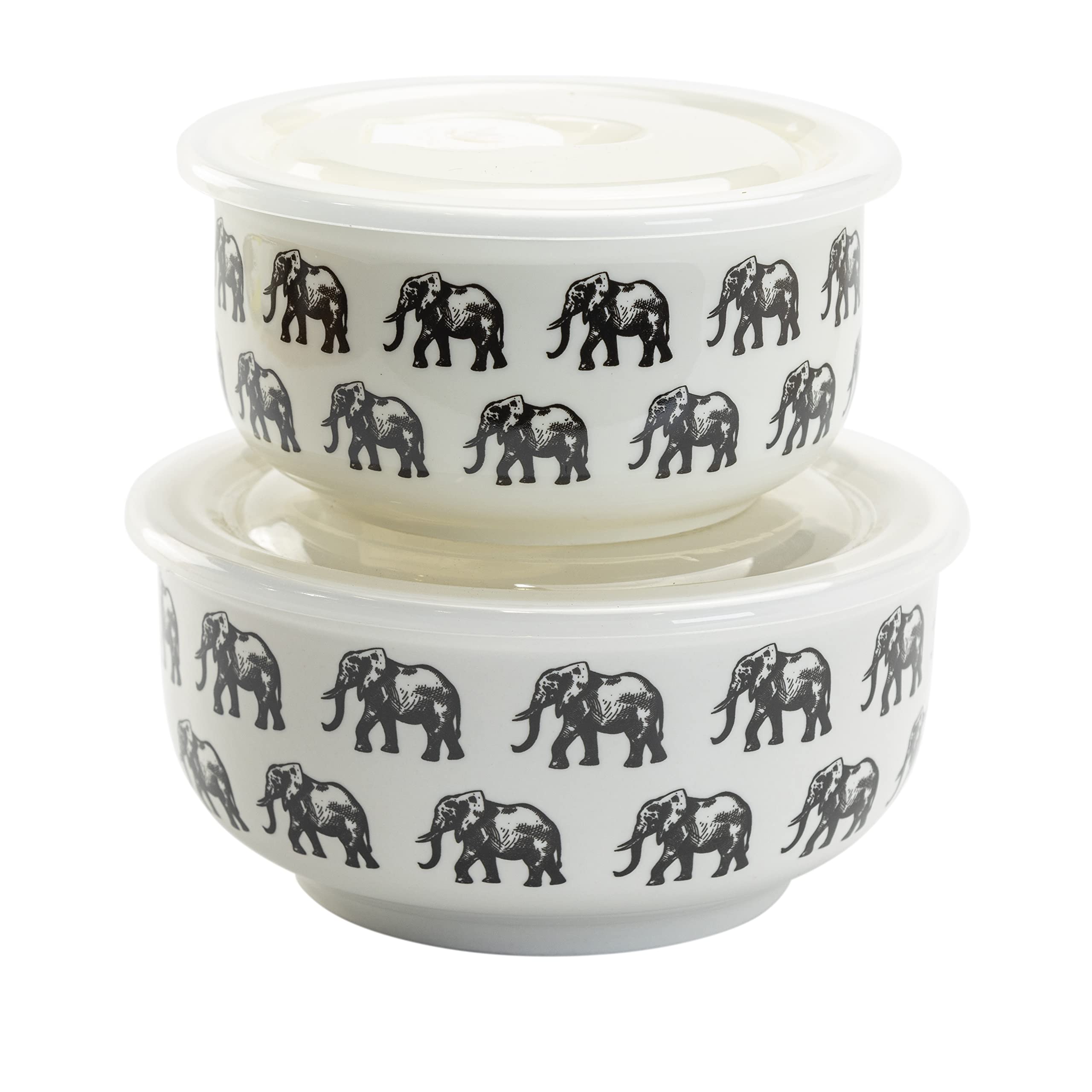 Grace Teaware Grace Pantry Nested Porcelain Storage Bowls With Vented Lids, Large and Medium 2-Piece Set, (Elephants Black)