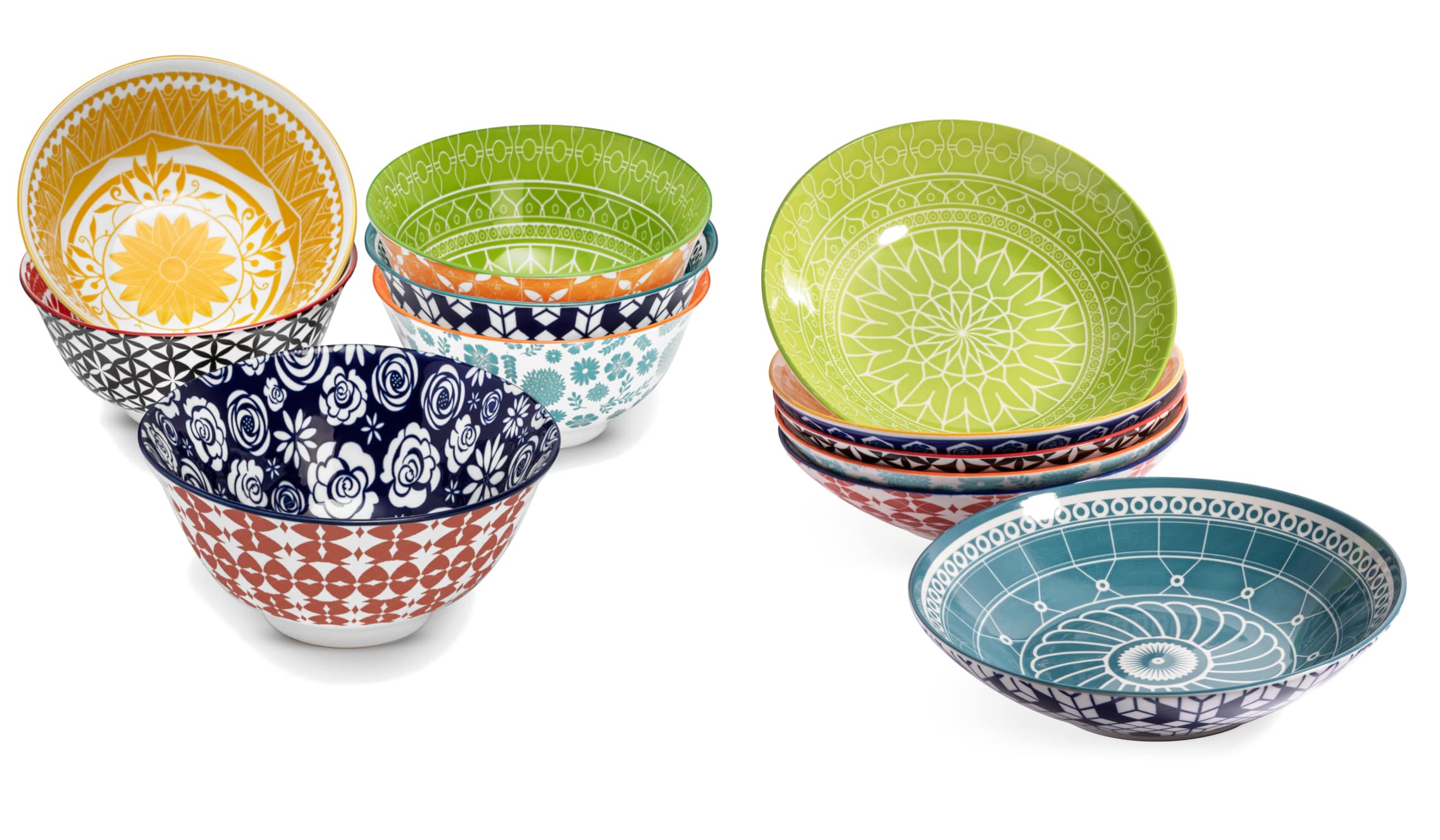 Annovero Cereal Bowls, Pasta Bowls. Cute and Colorful Porcelain Dishes for Kitchen, Microwave and Oven Safe. Bundle