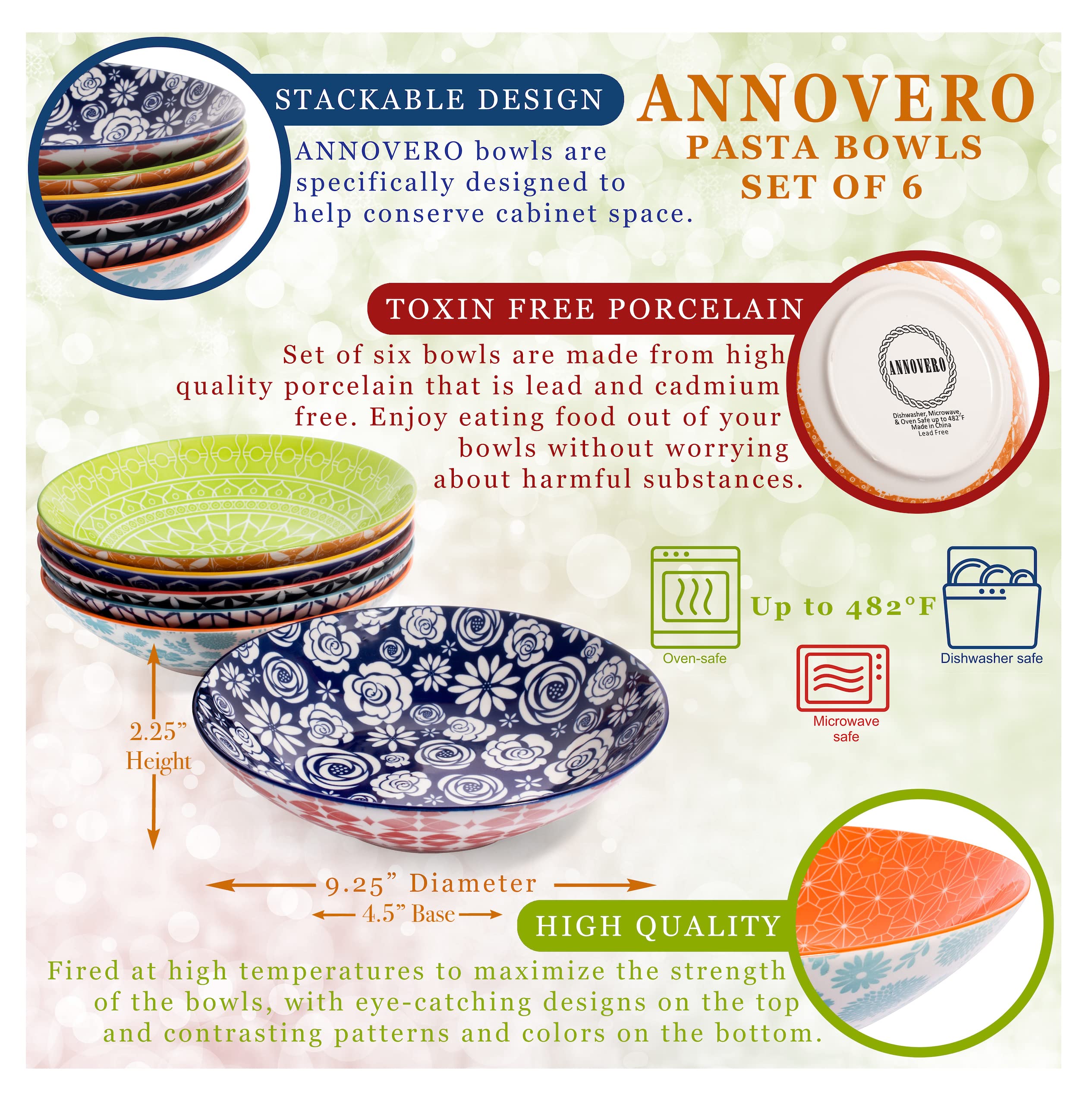 Annovero Cereal Bowls, Pasta Bowls. Cute and Colorful Porcelain Dishes for Kitchen, Microwave and Oven Safe. Bundle