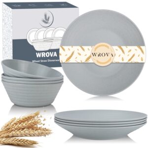 wrova wheat straw dinnerware sets - 8 set unbreakable microwave safe dishes - reusable wheat straw plates and bowls sets for kitchen - kid’s wheat straw bowls and plate for cereal, soup (light grey)