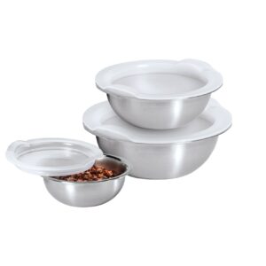 oggi set of 3 stainless steel pinch bowls - mini 2oz/4oz/8oz sizes, with lids - ideal for food prep, salt and pepper bowls, dip bowls, condiment bowls, assorted colors