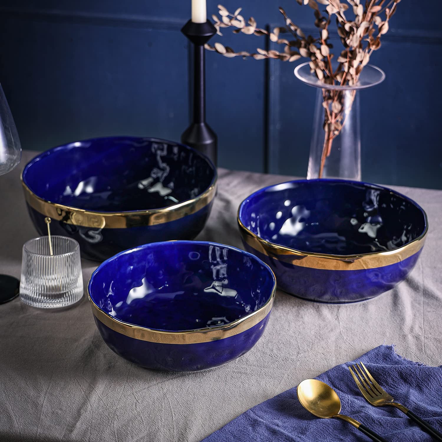 Stone Lain Florian Porcelain 3-Piece Round Bowl Service Set, Blue with Gold Rim