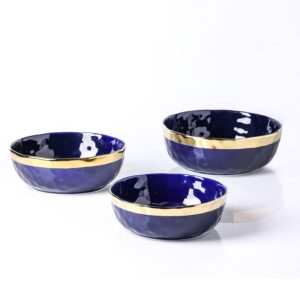 Stone Lain Florian Porcelain 3-Piece Round Bowl Service Set, Blue with Gold Rim