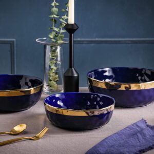 Stone Lain Florian Porcelain 3-Piece Round Bowl Service Set, Blue with Gold Rim