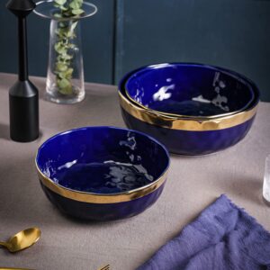 Stone Lain Florian Porcelain 3-Piece Round Bowl Service Set, Blue with Gold Rim