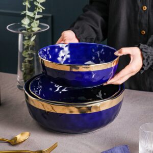 Stone Lain Florian Porcelain 3-Piece Round Bowl Service Set, Blue with Gold Rim