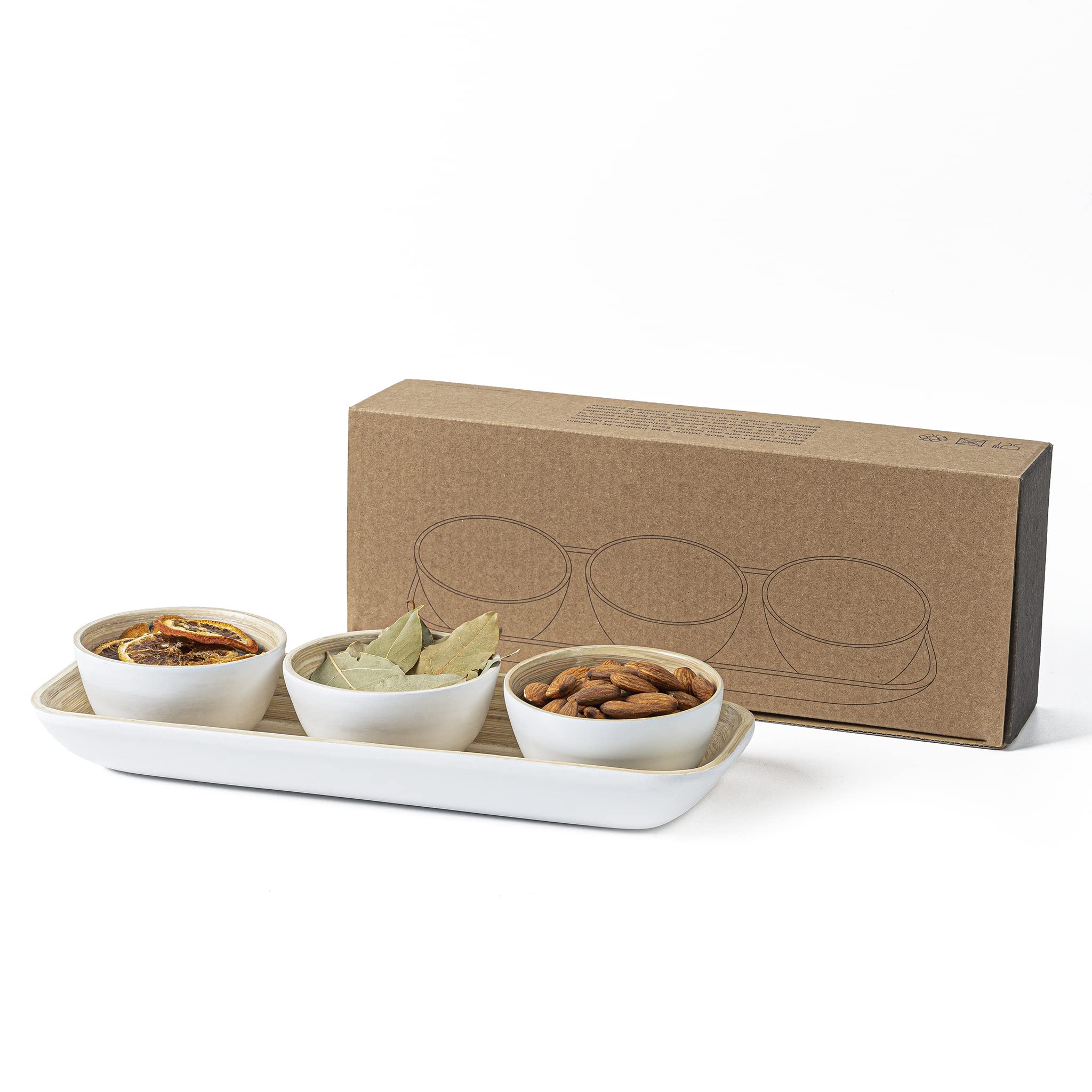 Kiwi Homie, Dia 3.54" x H 1.77" 3 PCS White Mini Bamboo Bowls with Serving Tray Platter for Serving Smoothies, 3 Pinch Bowls, Condiment Bowls Set 3 for Party, Kitchen Serving