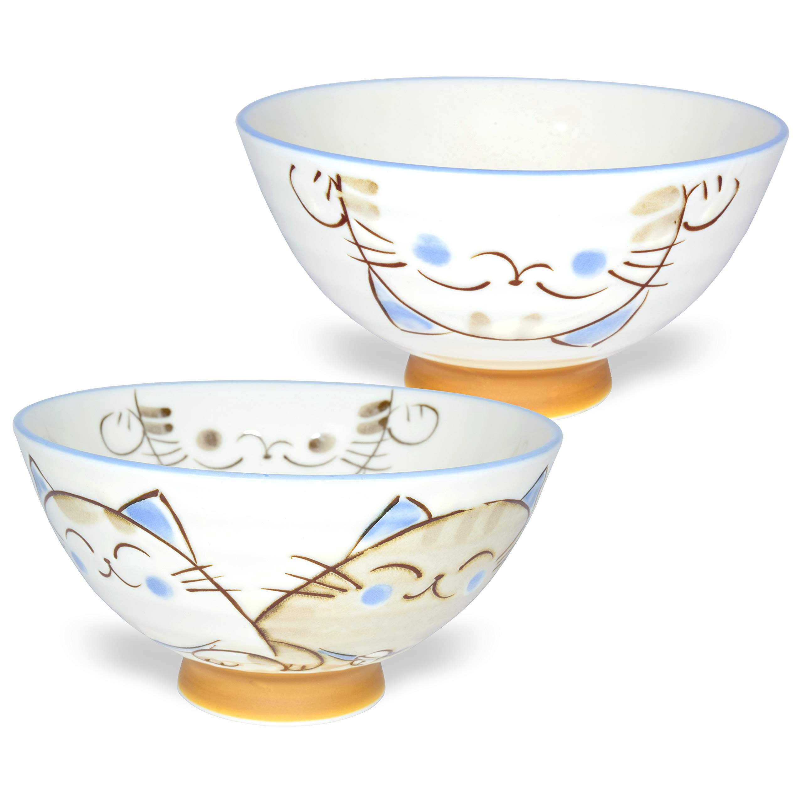 Japanese Handcrafted Rice Bowl, Authentic Mino Ware Pottery, Calico Cat Motif Design, MIKE Blue Chawan, set of 2