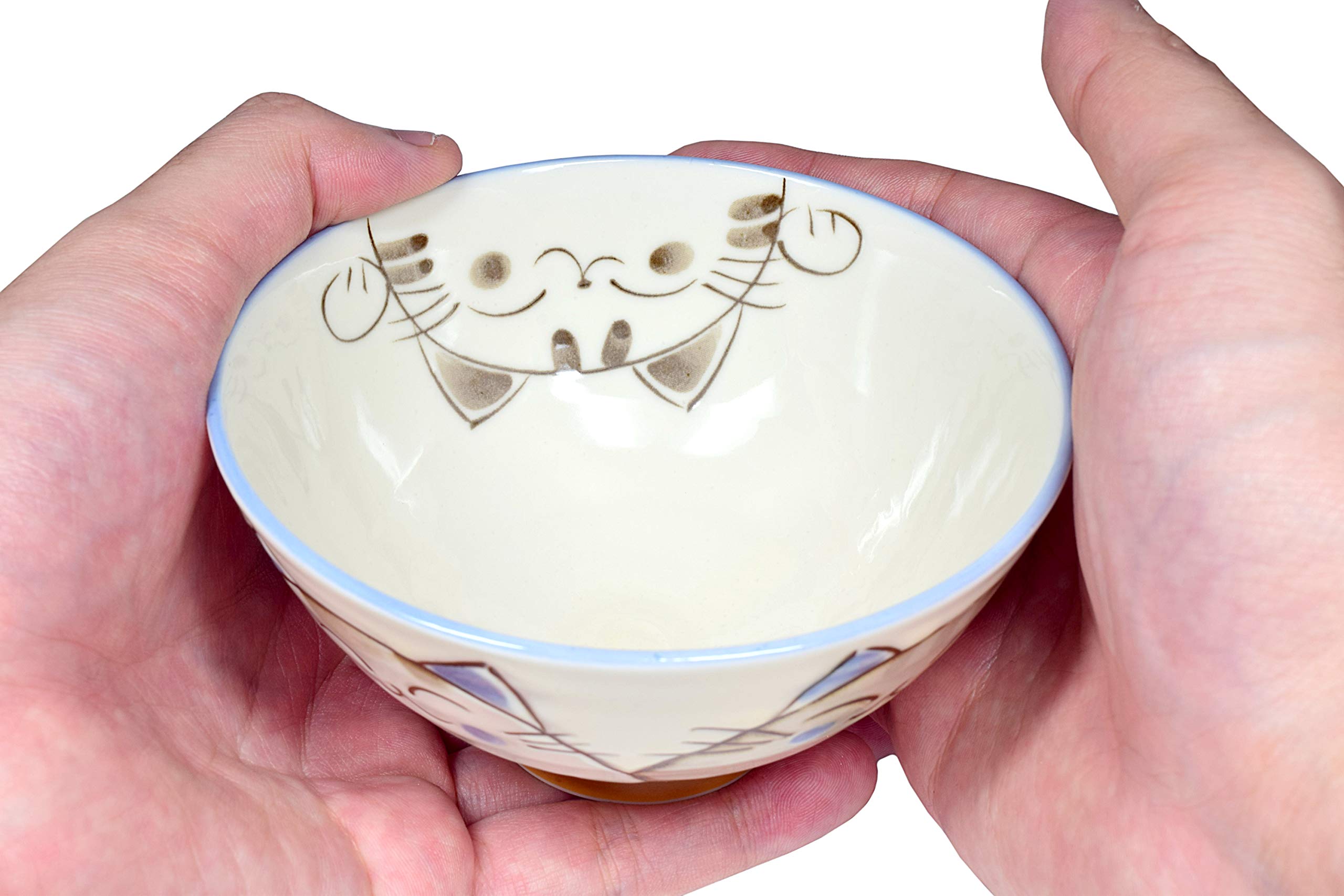 Japanese Handcrafted Rice Bowl, Authentic Mino Ware Pottery, Calico Cat Motif Design, MIKE Blue Chawan, set of 2