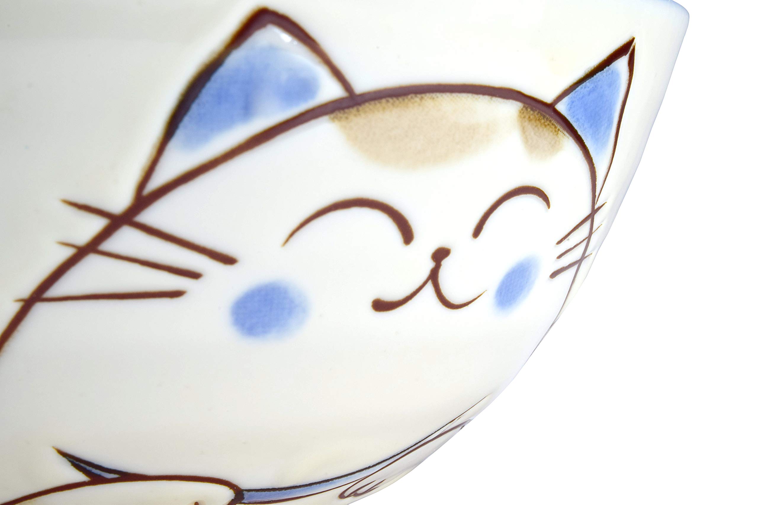 Japanese Handcrafted Rice Bowl, Authentic Mino Ware Pottery, Calico Cat Motif Design, MIKE Blue Chawan, set of 2