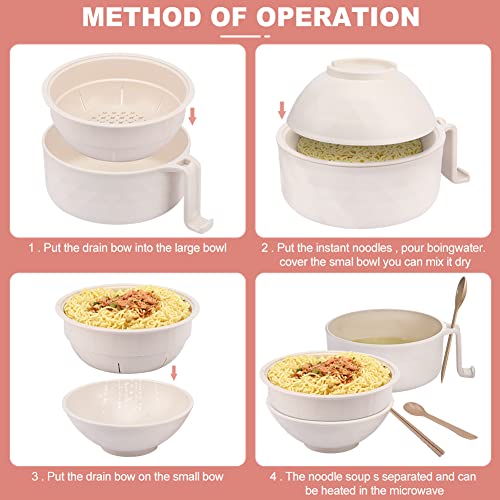 LVOERTUIG Microwave Ramen Cooker,Ramen Bowl Set, Ramen Bowl with Lid, 2Pairs Chopsticks, 2 Spoons and 2 Forks, Rapid and Quick Ramen Cooker with Handles, Dishwasher-Safe Kitchen Tool(Beige)