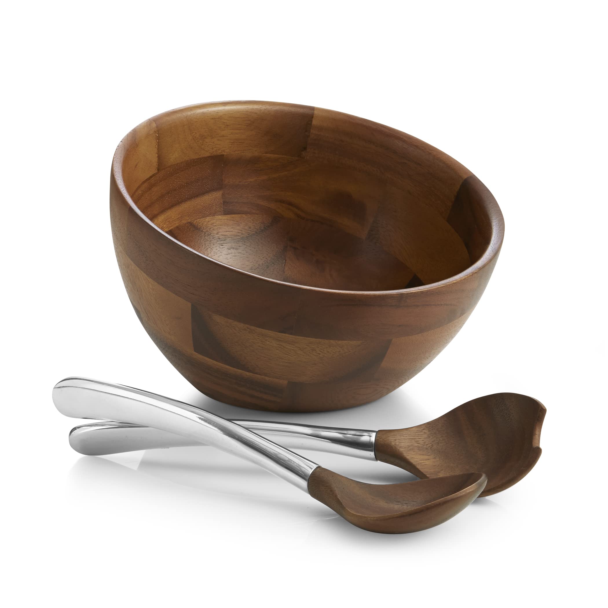 nambe Luna Salad Bowl with Servers | 3-Pc Set | Made of Acacia Wood and Metal Alloy | Large 10-Inch Bowl | Set of 2 Serving Utensils | Designed by Steve Cozzolino