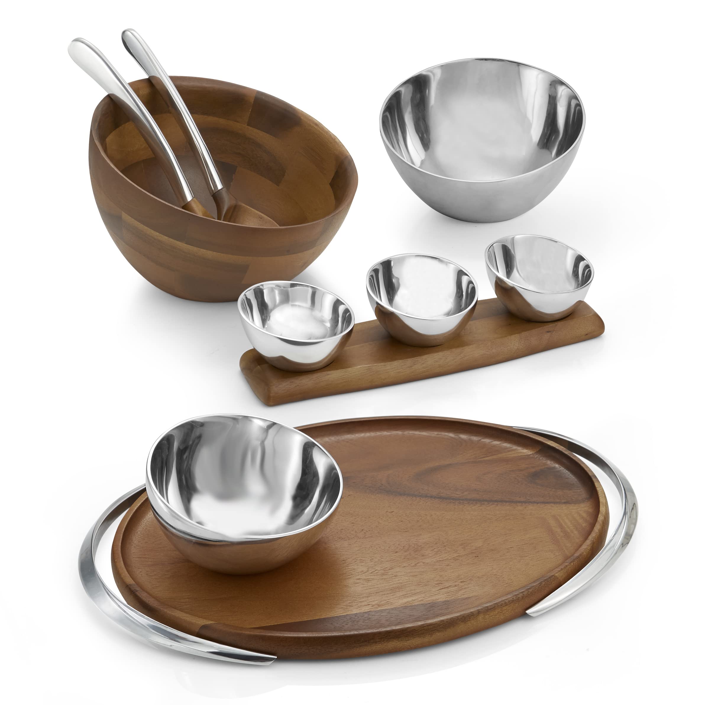 nambe Luna Salad Bowl with Servers | 3-Pc Set | Made of Acacia Wood and Metal Alloy | Large 10-Inch Bowl | Set of 2 Serving Utensils | Designed by Steve Cozzolino