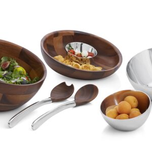 nambe Luna Salad Bowl with Servers | 3-Pc Set | Made of Acacia Wood and Metal Alloy | Large 10-Inch Bowl | Set of 2 Serving Utensils | Designed by Steve Cozzolino