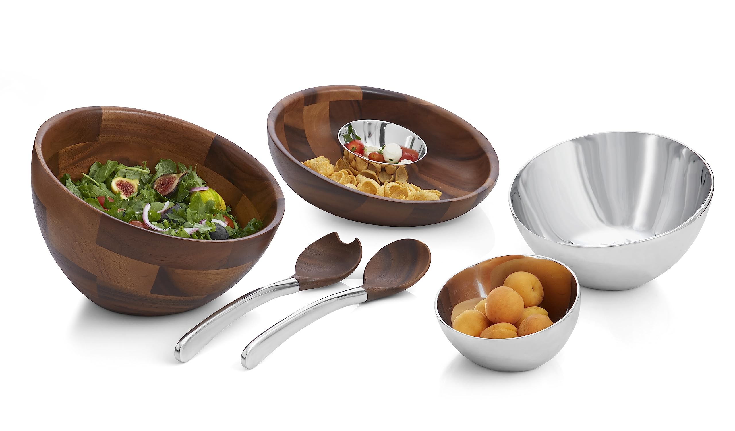 nambe Luna Salad Bowl with Servers | 3-Pc Set | Made of Acacia Wood and Metal Alloy | Large 10-Inch Bowl | Set of 2 Serving Utensils | Designed by Steve Cozzolino