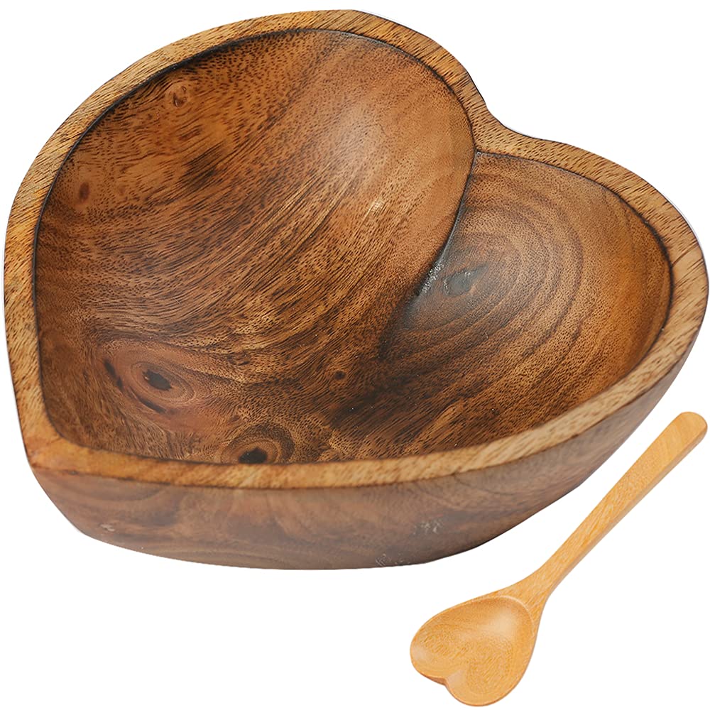 WOOD MASTER HUT Heart Shaped Wood Bowl Wooden Bowls and Heart Shaped Spoons - Rustic Heart Bowls Decorative - for Cereal, Soup, Smoothie, Salad and Dessert (6inch Set of 1)