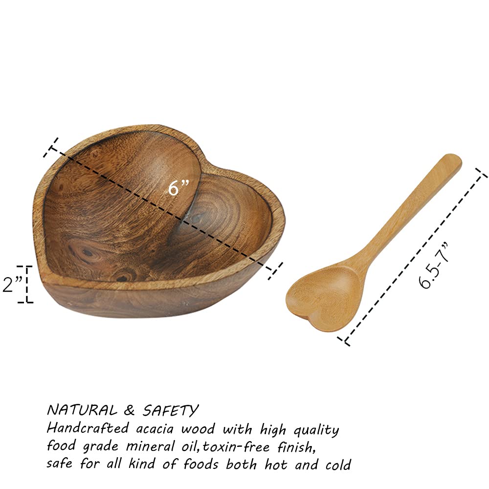 WOOD MASTER HUT Heart Shaped Wood Bowl Wooden Bowls and Heart Shaped Spoons - Rustic Heart Bowls Decorative - for Cereal, Soup, Smoothie, Salad and Dessert (6inch Set of 1)