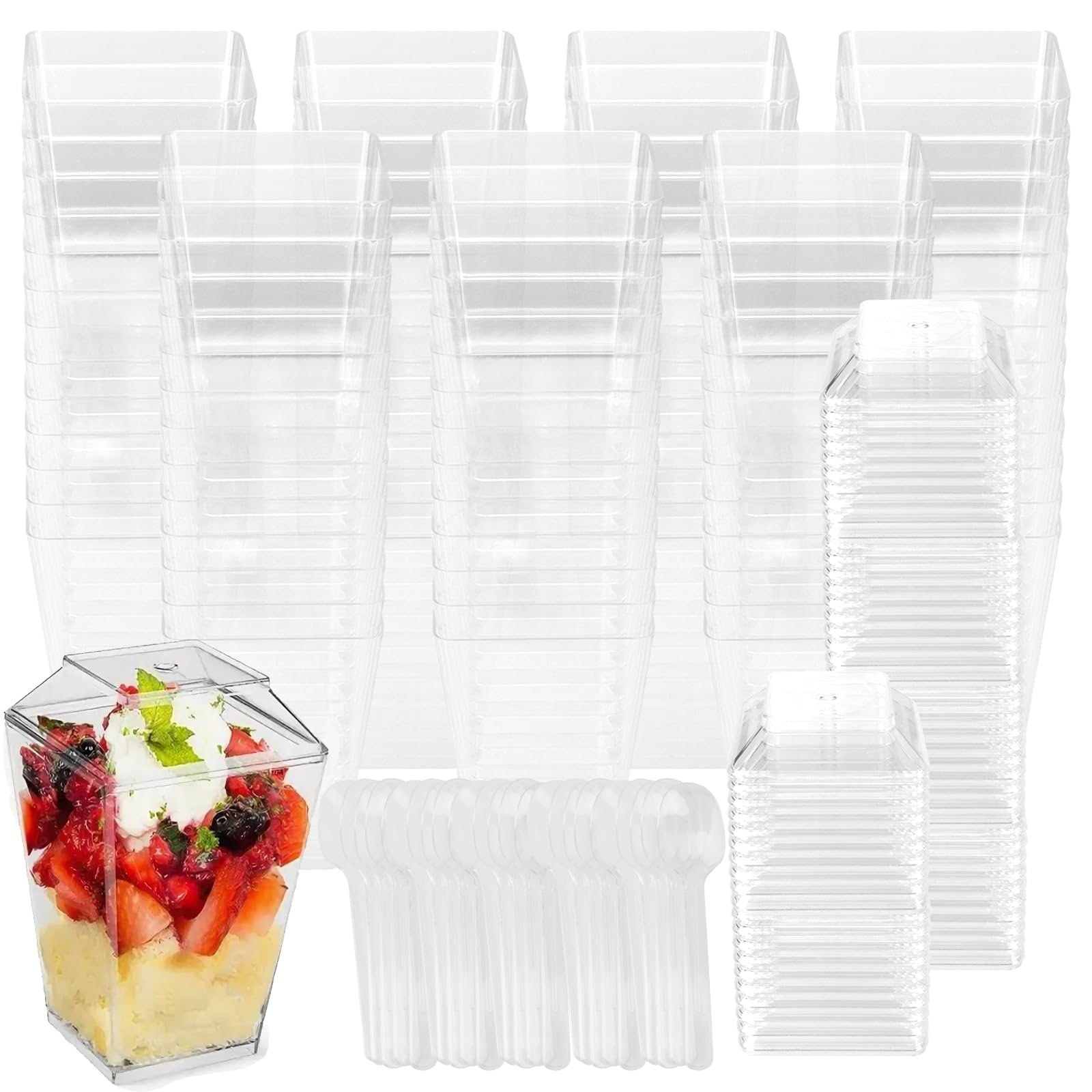 HEIHAK 100 Set 5 oz Dessert Cups With 100 Lids and 100 Spoons, Clear Parfait Shooter Cups Set, Plastic Dessert Cups Appetizer Cups Bulk for Banana Pudding Cookies Baking Ice Cream Cake Fruit, Mousse