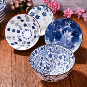 LMRLCS Ceramic Rice Bowls, 4.5 inch Rice Bowl, White and Blue Rice Bowls for Soup Oat Rice Snack