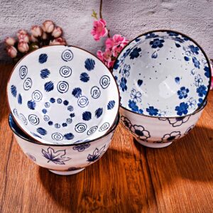 LMRLCS Ceramic Rice Bowls, 4.5 inch Rice Bowl, White and Blue Rice Bowls for Soup Oat Rice Snack