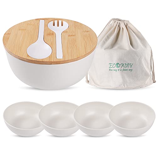 ECOWAY Large Salad Serving Bowl Set with Bamboo Lid & Servers, 9.84 Inch, Bamboo Fiber Salad Bowl with 4 Small Serving Bowls and Utensils for Mixing & Storage Salad, Vegetables, Pasta, Fruit (White)