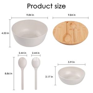 ECOWAY Large Salad Serving Bowl Set with Bamboo Lid & Servers, 9.84 Inch, Bamboo Fiber Salad Bowl with 4 Small Serving Bowls and Utensils for Mixing & Storage Salad, Vegetables, Pasta, Fruit (White)