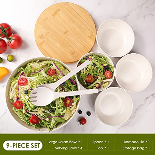 ECOWAY Large Salad Serving Bowl Set with Bamboo Lid & Servers, 9.84 Inch, Bamboo Fiber Salad Bowl with 4 Small Serving Bowls and Utensils for Mixing & Storage Salad, Vegetables, Pasta, Fruit (White)