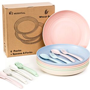 MUSENTIAL 10" Inch Wheat Straw Deep Dish Set (6 Dinner Dishes / Spoons & Forks ) - Dishwasher & Microwave Safe - Unbreakable Reusable Lightweight Eco Friendly & BPA Free Dinnerware