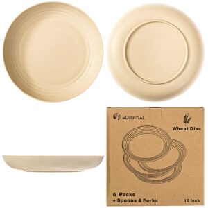 MUSENTIAL 10" Inch Wheat Straw Deep Dish Set (6 Dinner Dishes / Spoons & Forks ) - Dishwasher & Microwave Safe - Unbreakable Reusable Lightweight Eco Friendly & BPA Free Dinnerware