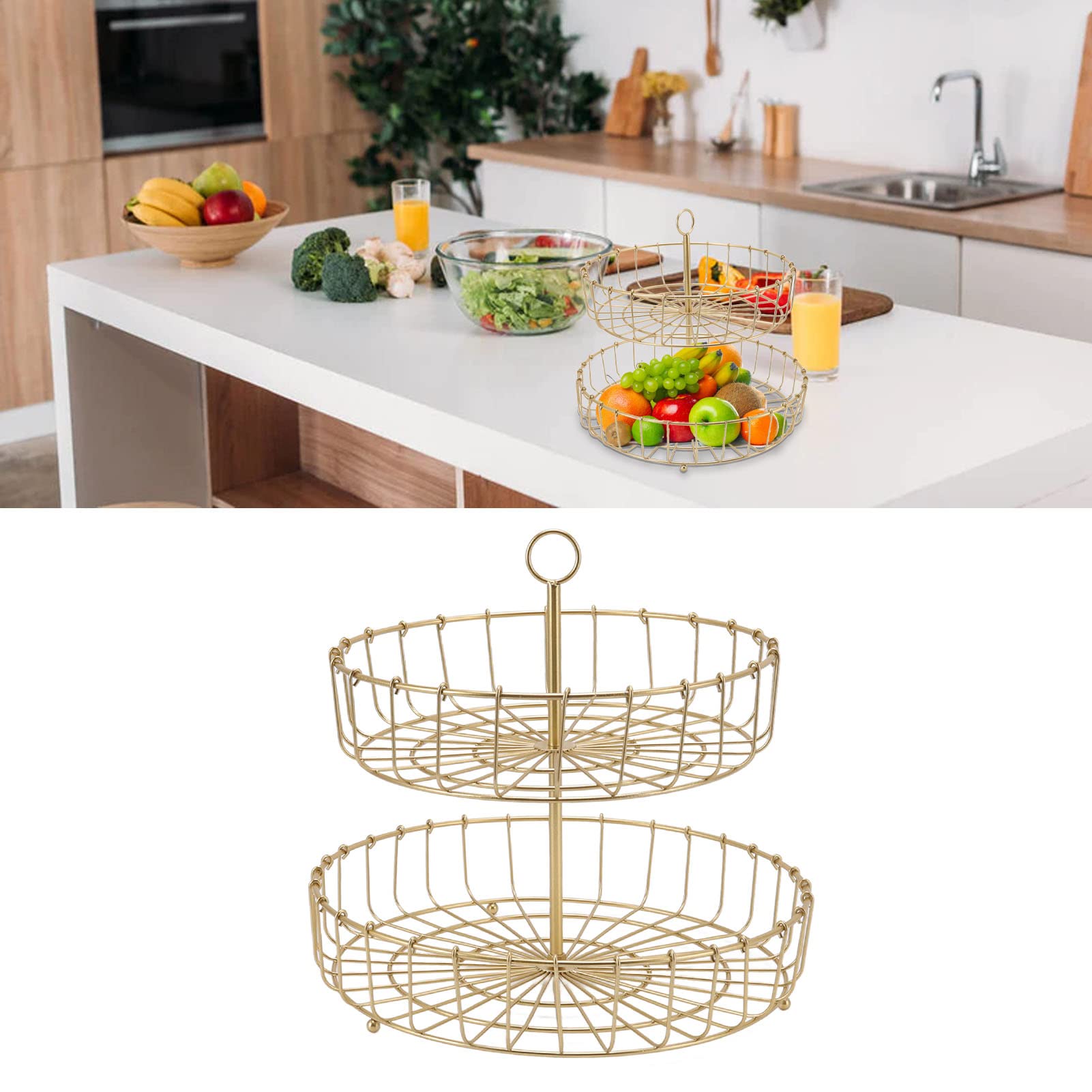 2 Tier Fruit Bowl Stand Holder, Fruit Bowl Fruit Basket Countertop Metal Fruit Stand Holder Detachable for Fruits Snacks Vegetables