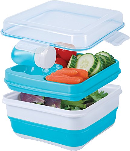 COOL GEAR 2-Pack Large Expandable To-Go Salad Kit Lunch Containers - Square - 52 oz Bowl with 3 Compartments for Salad Toppings and 2 oz Salad Dressing Bottle | Leakproof, Bento Meal Prep