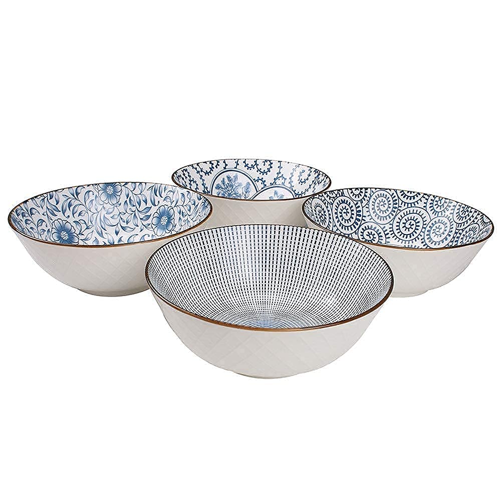 YALONG 40 Ounce Large Deep Soup Pho Bowls Set, Blue White Porcelain Salad Bowls for Ramen Pasta Cereal Pasta Wonton, Stackable Deep Noodle Serving Bowls Set of 4