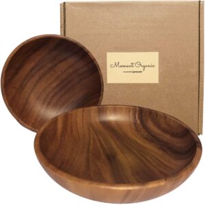 wooden bowls set of 2: 8'' shallow pasta bowl and 6'' dessert/side dish shallow wood bowl for food, snack & fruit: hand-crafted from solid acacia wood | 100% organic packaging