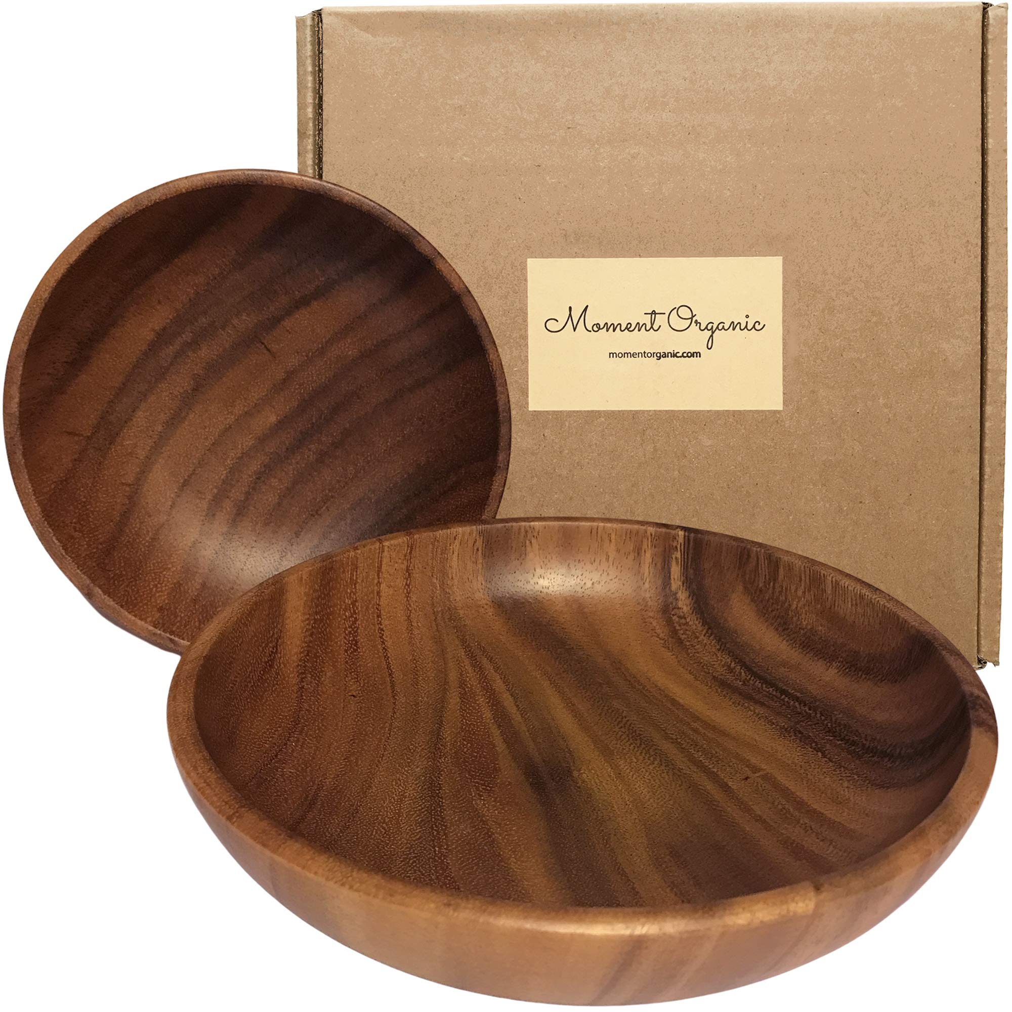 Wooden Bowls set of 2: 8'' Shallow Pasta Bowl and 6'' Dessert/Side Dish Shallow Wood Bowl for Food, Snack & Fruit: Hand-Crafted from Solid Acacia Wood | 100% Organic Packaging