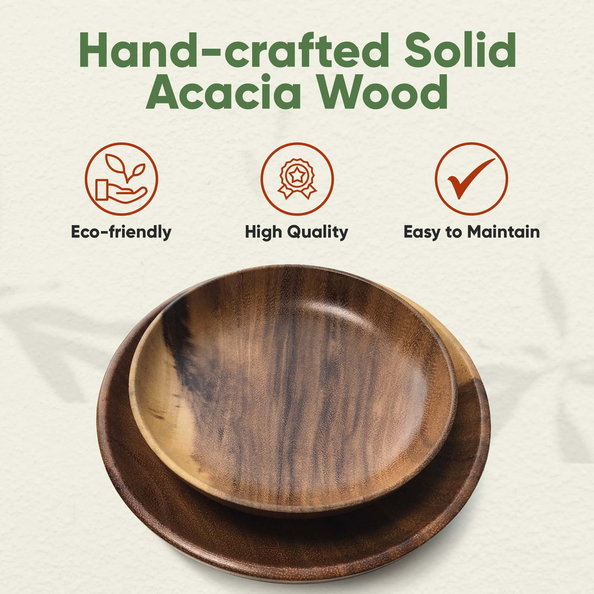 Wooden Bowls set of 2: 8'' Shallow Pasta Bowl and 6'' Dessert/Side Dish Shallow Wood Bowl for Food, Snack & Fruit: Hand-Crafted from Solid Acacia Wood | 100% Organic Packaging