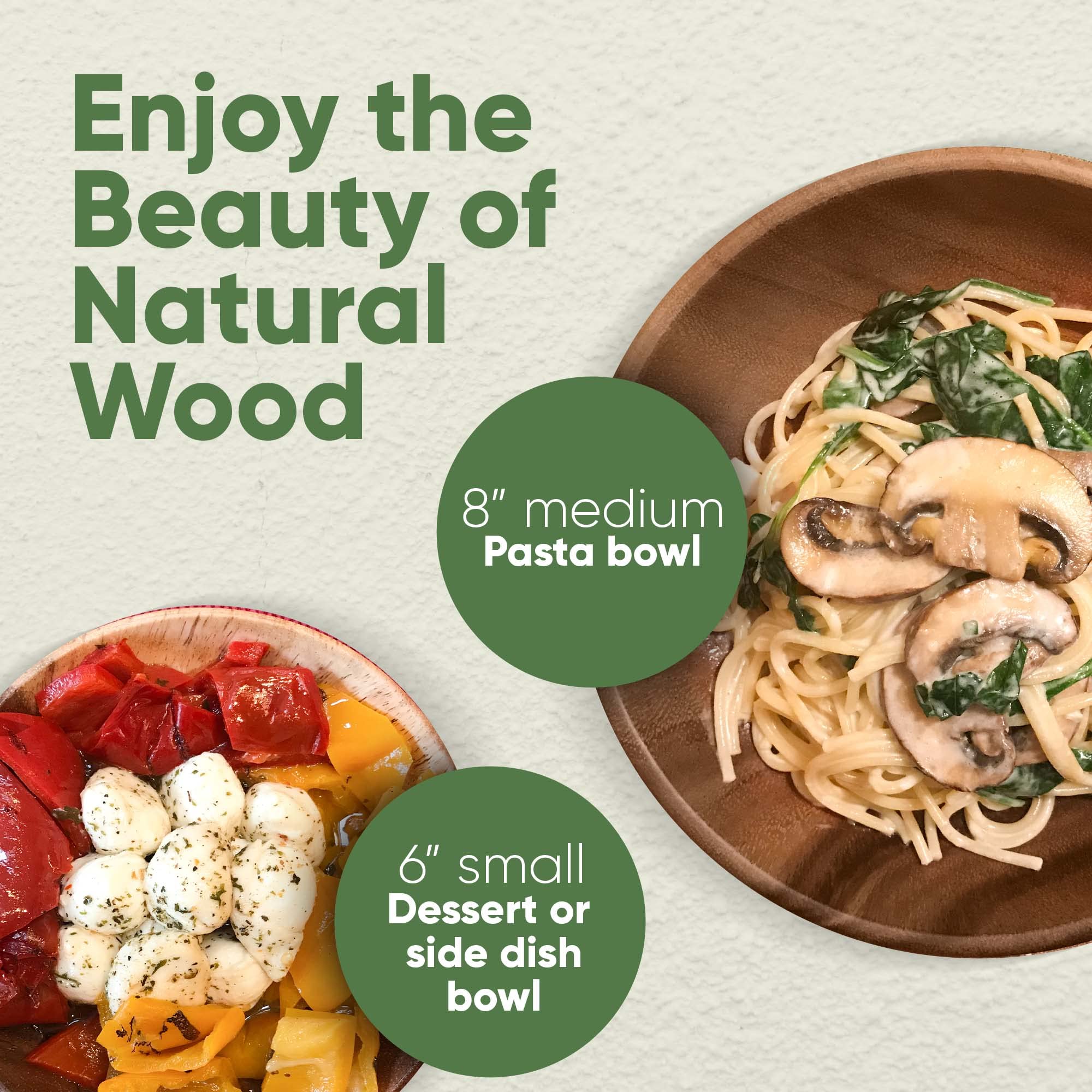 Wooden Bowls set of 2: 8'' Shallow Pasta Bowl and 6'' Dessert/Side Dish Shallow Wood Bowl for Food, Snack & Fruit: Hand-Crafted from Solid Acacia Wood | 100% Organic Packaging