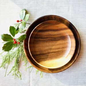 Wooden Bowls set of 2: 8'' Shallow Pasta Bowl and 6'' Dessert/Side Dish Shallow Wood Bowl for Food, Snack & Fruit: Hand-Crafted from Solid Acacia Wood | 100% Organic Packaging