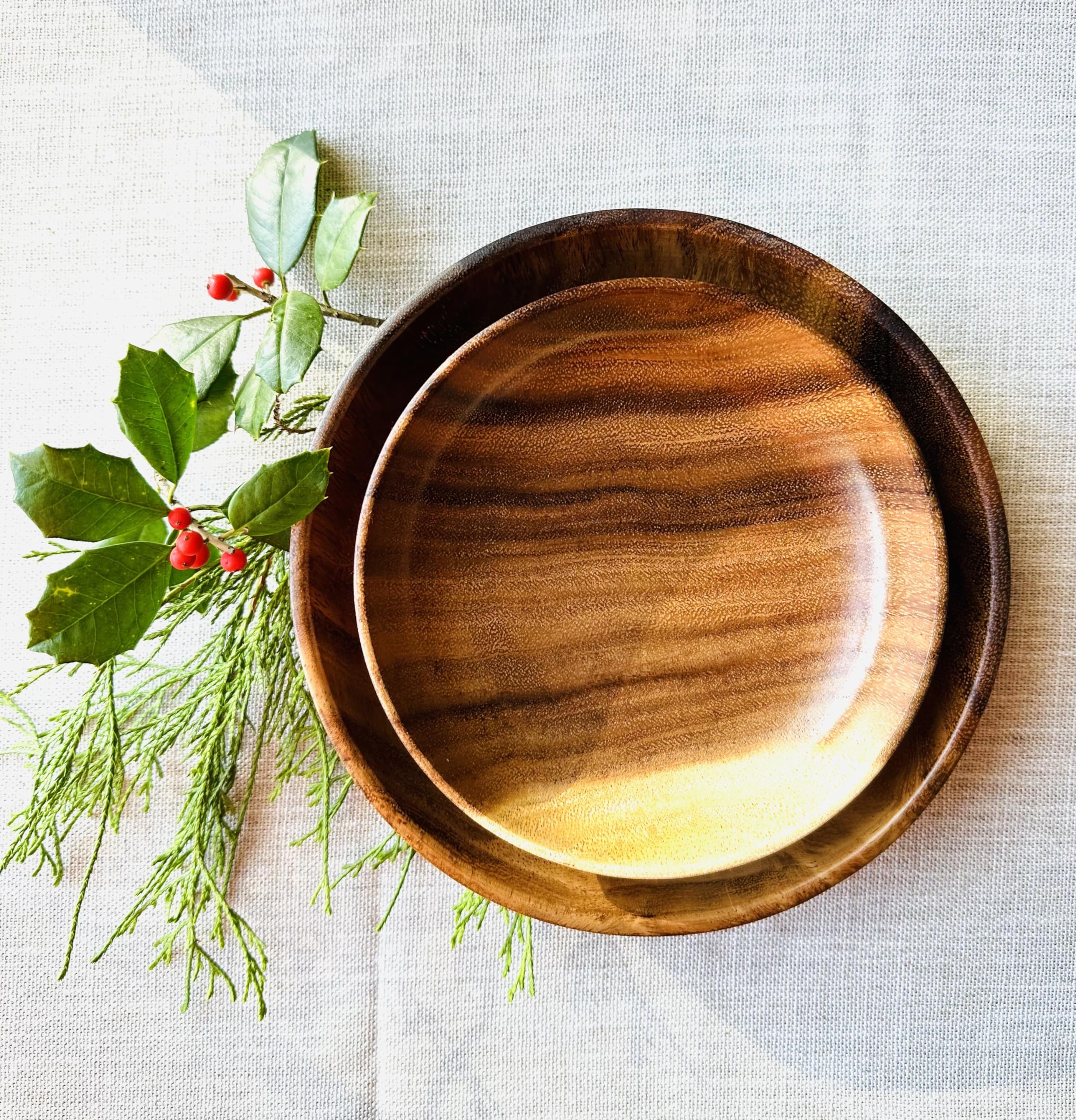 Wooden Bowls set of 2: 8'' Shallow Pasta Bowl and 6'' Dessert/Side Dish Shallow Wood Bowl for Food, Snack & Fruit: Hand-Crafted from Solid Acacia Wood | 100% Organic Packaging