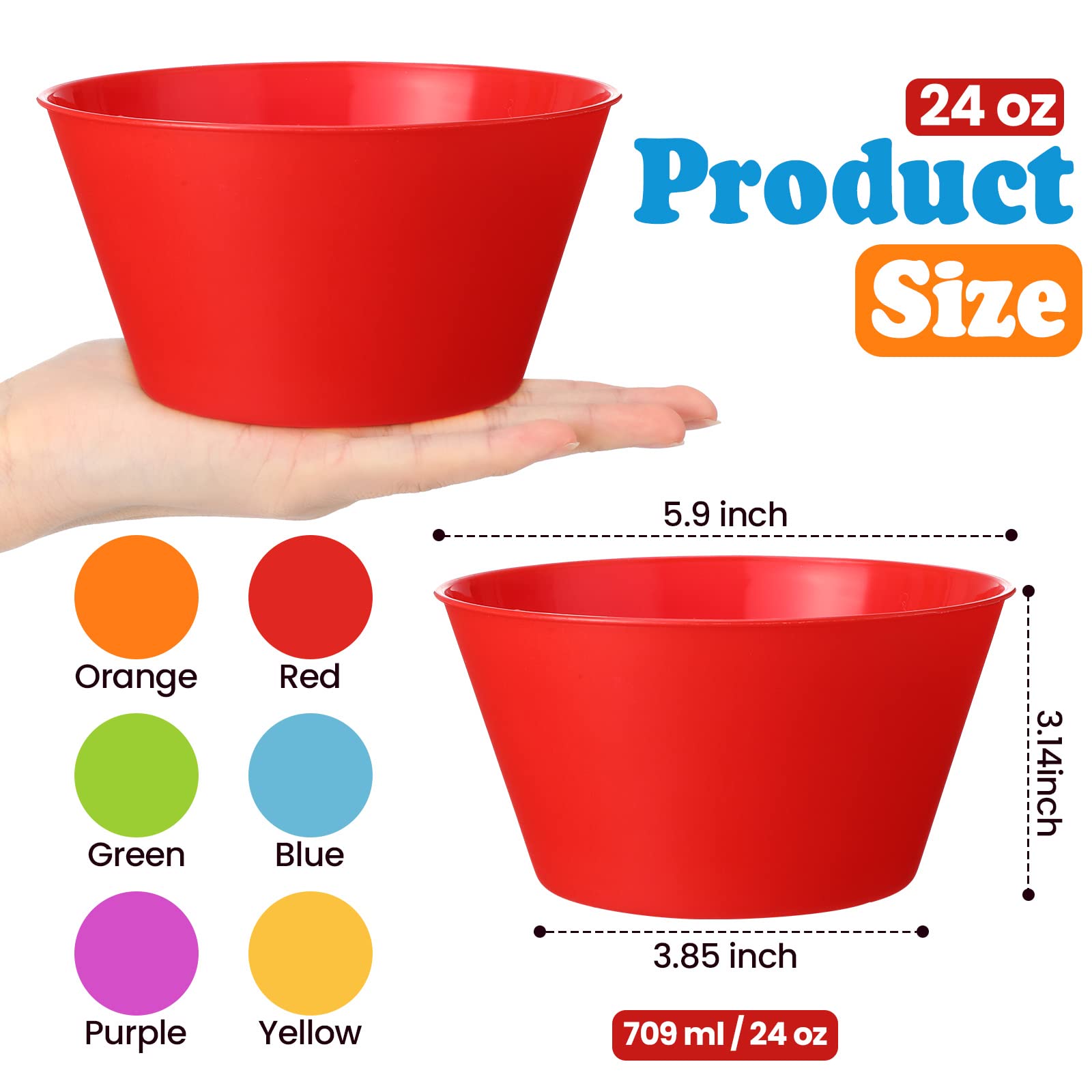 24 Pcs Kids Plastic Bowls Set Unbreakable 24 oz Cereal Bowls Plastic Snack Bowls Microwave Dishwasher Safe Colorful Bowls for Toddler Small Children Salad Dessert Fruit Soup Bowls BPA Free, 6 Colors