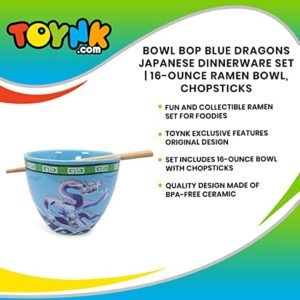 Bowl Bop Blue Dragons Japanese Ceramic Dinnerware Set | Includes 16-Ounce Ramen Noodle Bowl and Wooden Chopsticks | Asian Food Dish Set For Home & Kitchen | Kawaii Anime Gifts and Collectibles